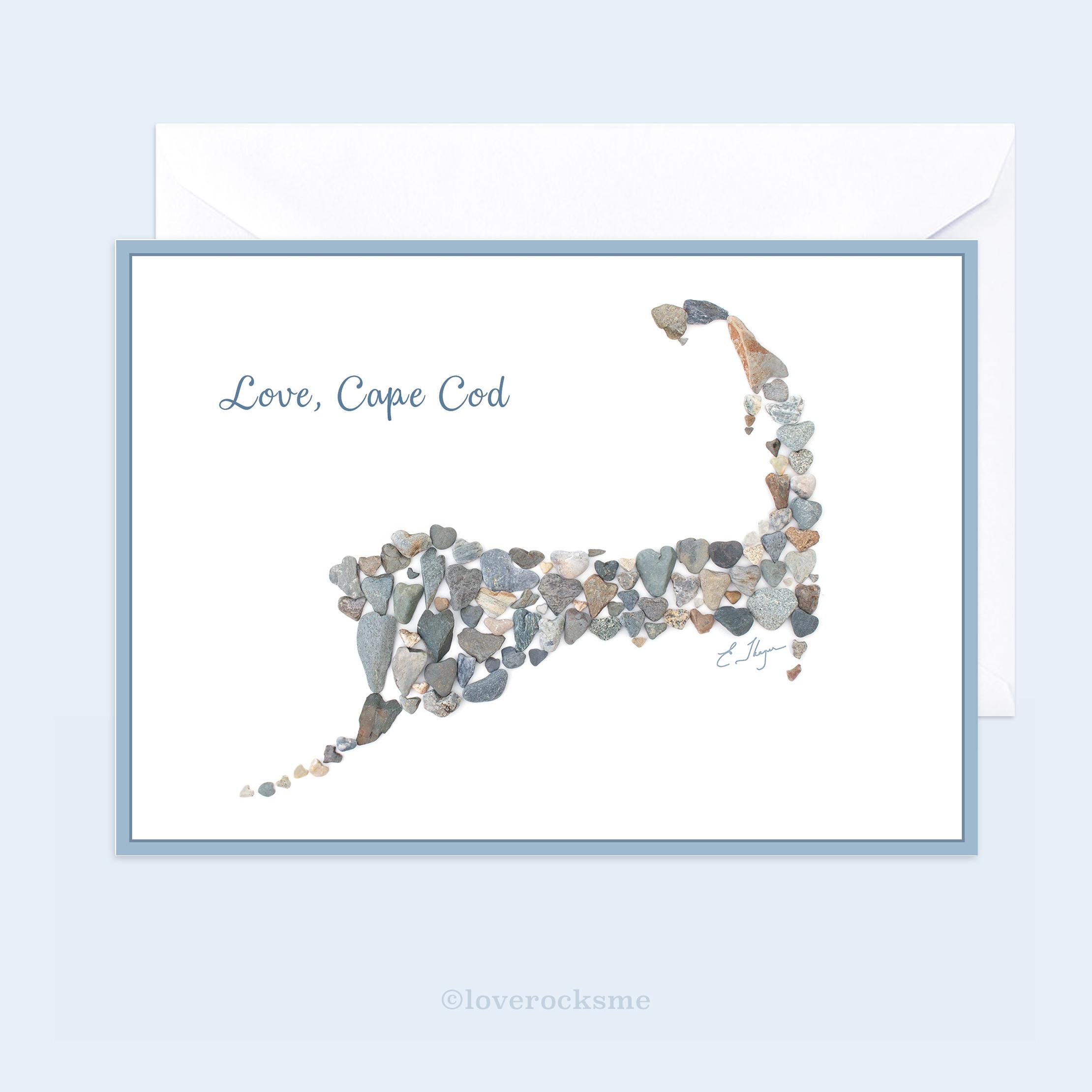 Cape Cod Love Card, Cape Map Wedding Stationary Invitation, Heart Rocks ...