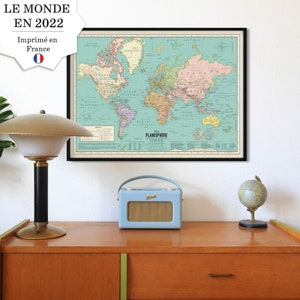 French Poster Current World Map Vintage Style Detailed Planisphere ...