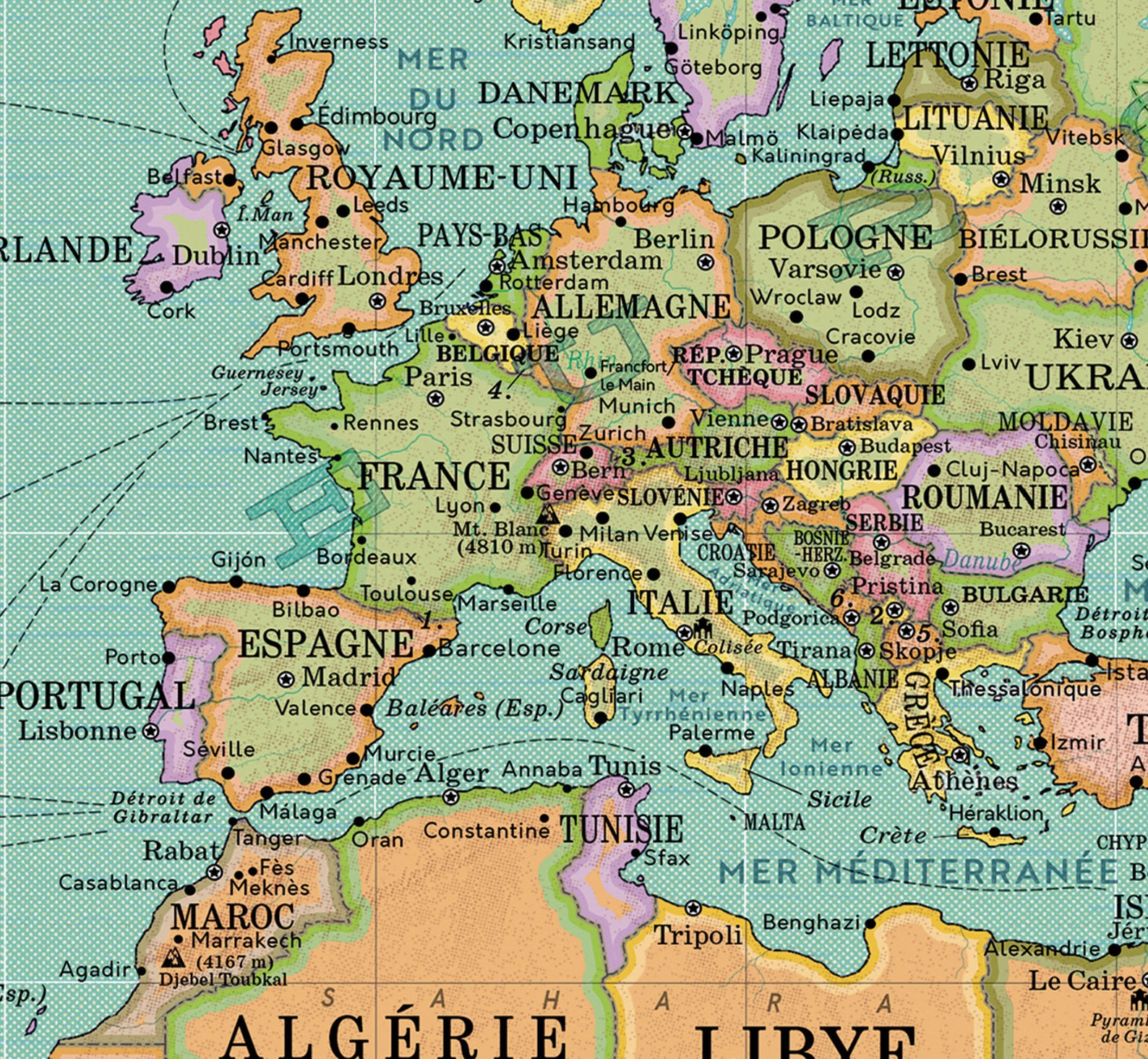 French Poster Current World Map Vintage Style Detailed Planisphere ...