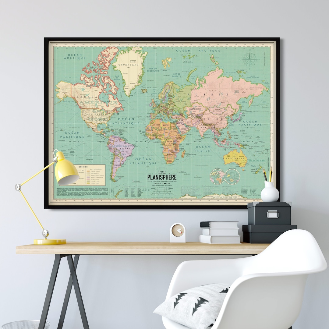French Poster Current World Map XL Vintage Style Detailed Planisphere ...