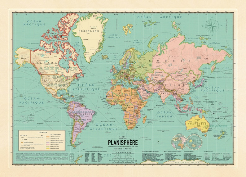 French Poster Current World Map Vintage Style Detailed | Etsy UK