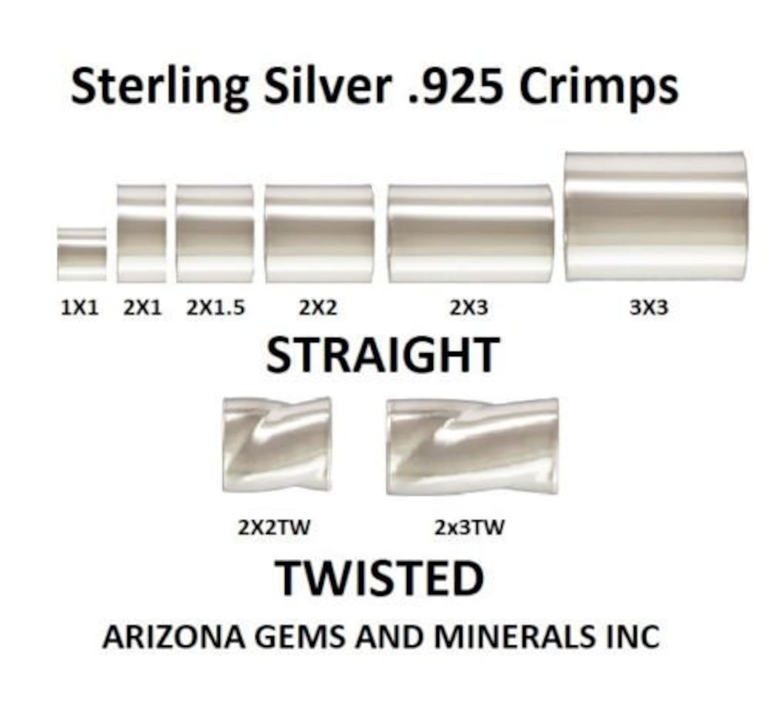 Sterling Silver 925 Crimps Straight & Twisted 1 X 1 Thru 3 X 3 Choose ...