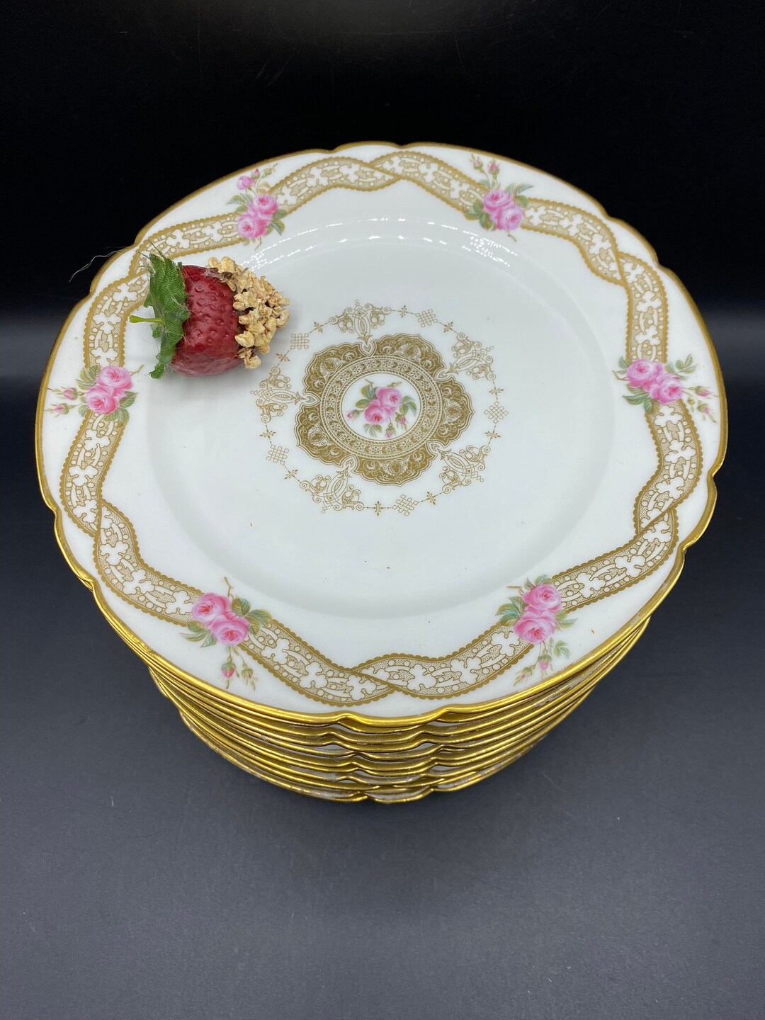 Antique Sevres Macé 1800's Set of 14 Porcelain Plates Gold Ribbon ...