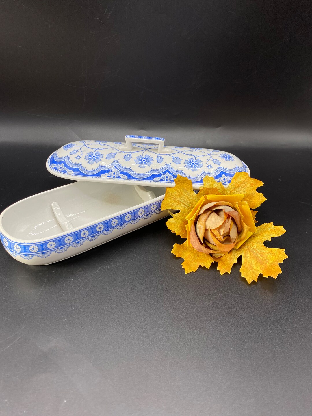 1920's French Razor Box Blue Transfer Decoration Stoneware, Lidded ...
