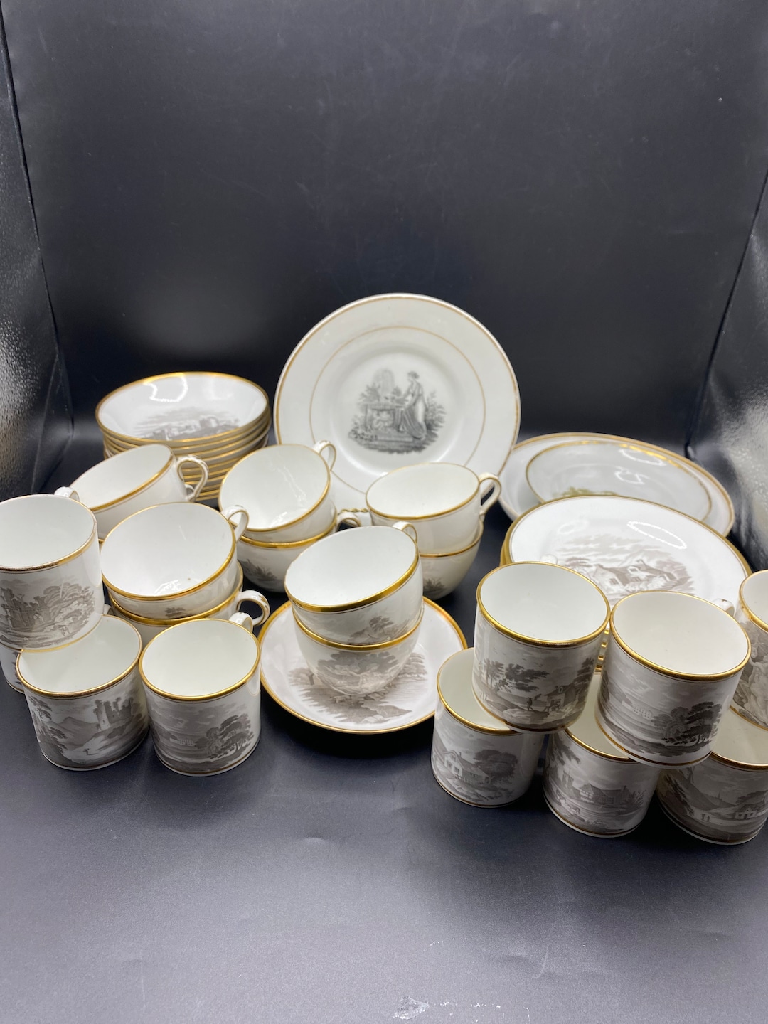 Antique Spode Bone China Set, Bat Print, Charcoal Gray, Gold Trim, 42 ...