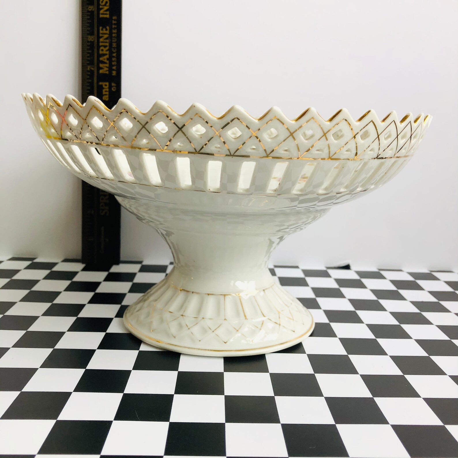 Reticulated Footed Compote Porcelain Gold on White With Fruit - Etsy