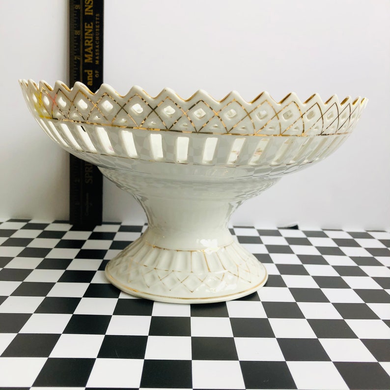 Reticulated Footed Compote Porcelain Gold on White With Fruit - Etsy