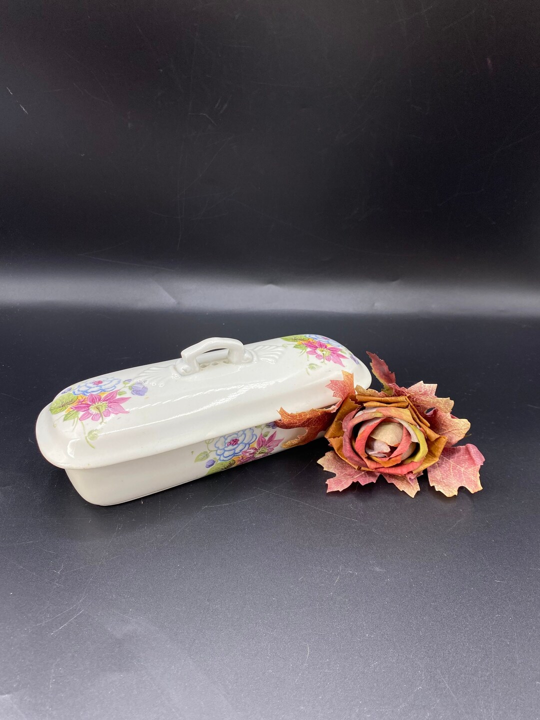 1880's Floral Razor Box Lidded, Toothbrush or Butter Dish, Polychrome ...