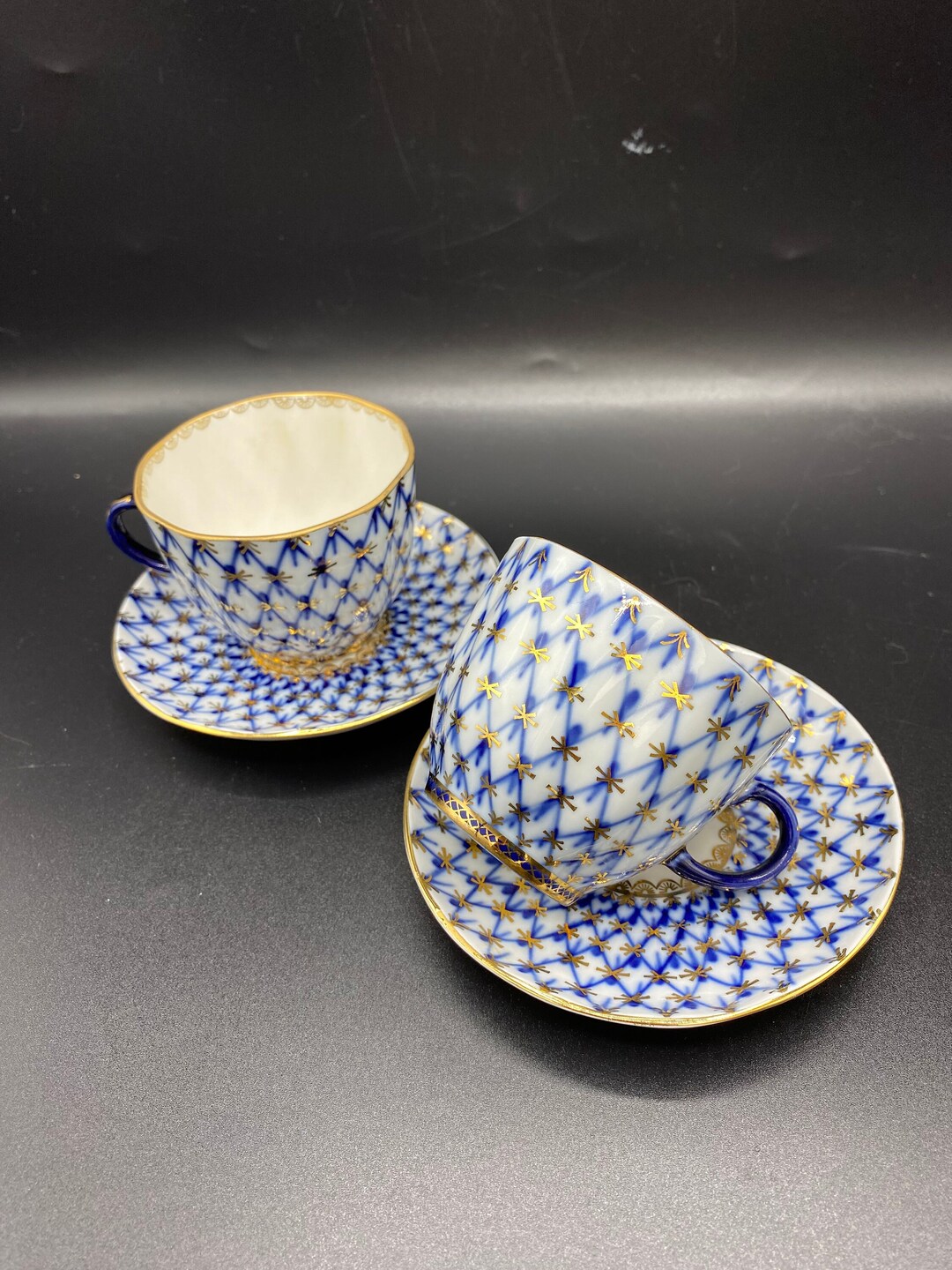 Pair of Vintage Lomonosov Porcelain Tea Cups and Saucers, Cobalt Blue ...