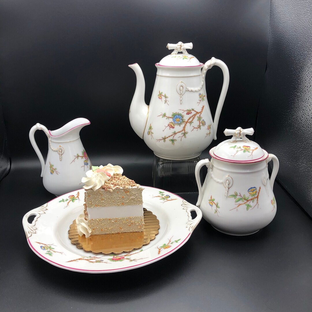 19c. Tea Set Aesthetic Period Porcelain 6 Piece, Tea Pot, Sugar Bowl ...