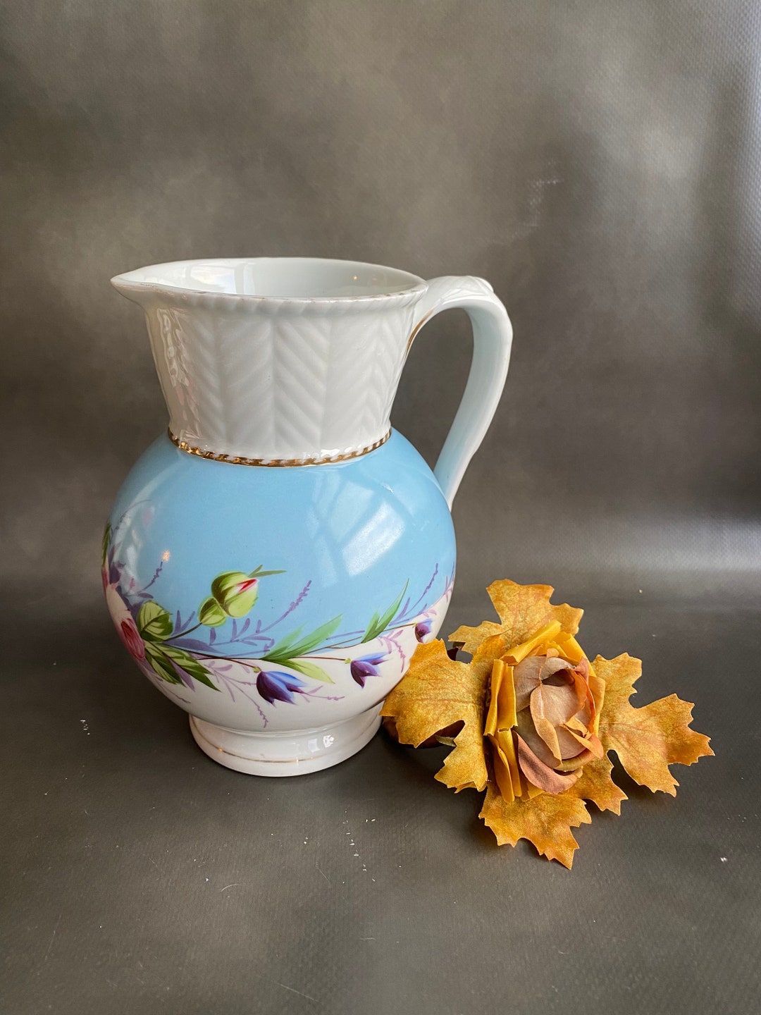 Antique Water Pitcher Hand Painted Rose Florals With French Blue Band ...