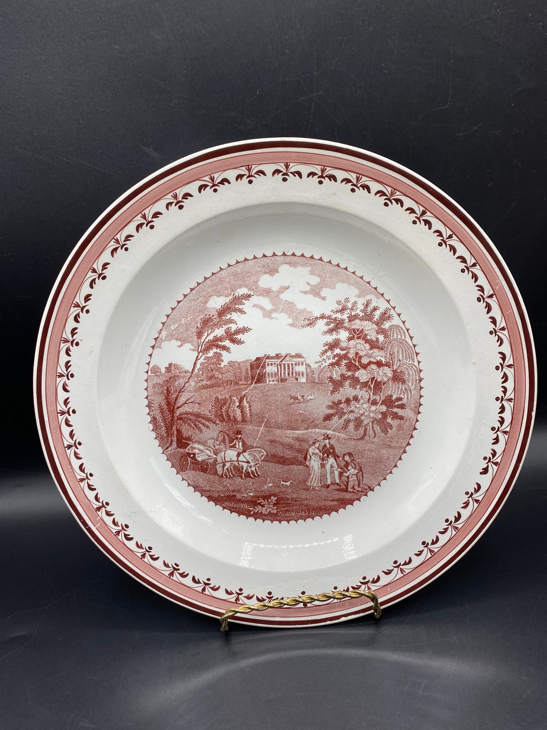 Set of 9 Plates Antique 1780-1820's English Red Transfer Printed Cream ...