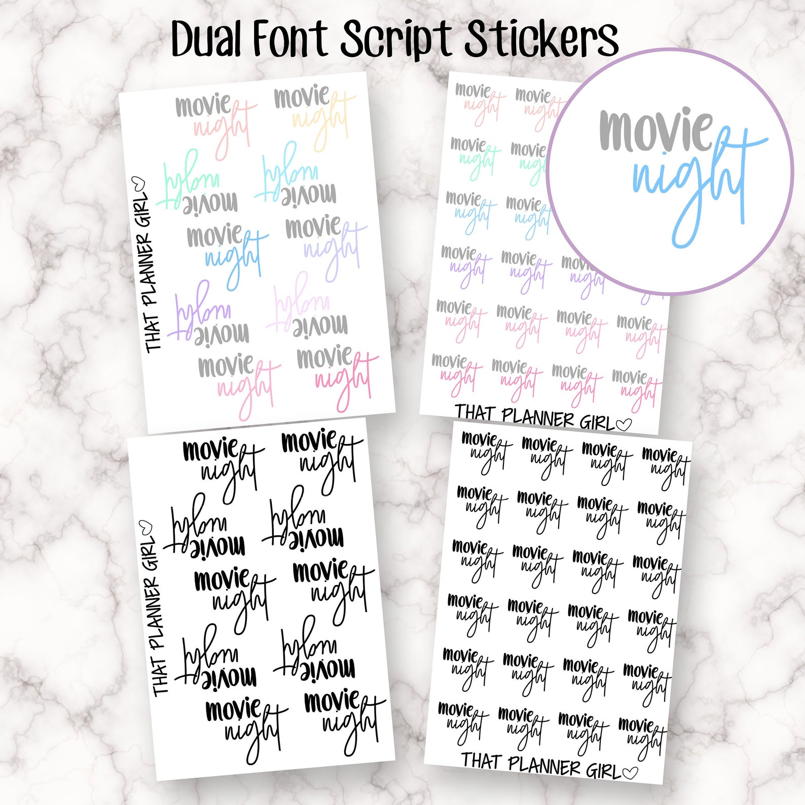 Movie Night Dual Font Script Stickers Pastel or Black | Etsy