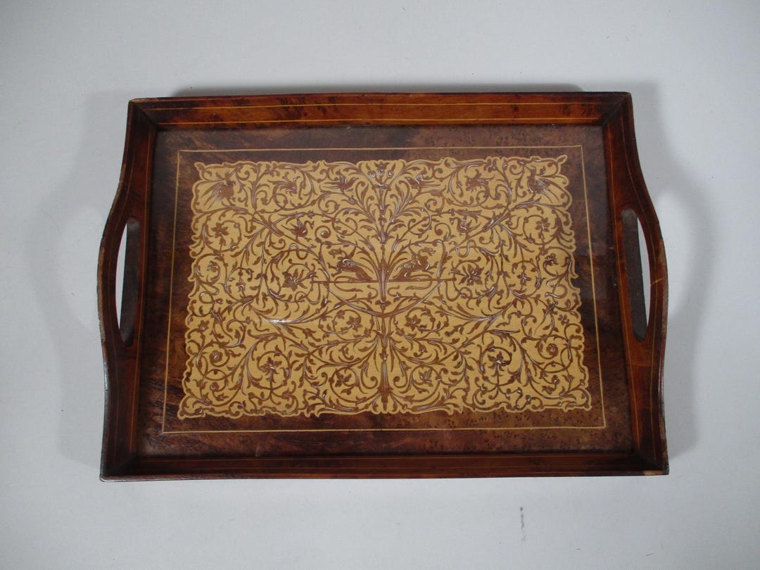 Antique Inlay Marquetry Birds Eye Maple Wood Wooden Vanity Serving Tray ...