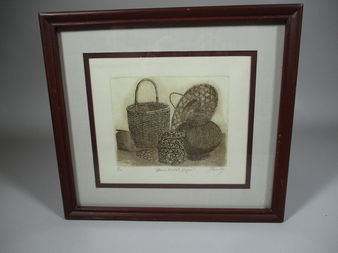 Vintage Alex Navarro Uy Etching Print Primitive Folk Art Baskets Artist ...