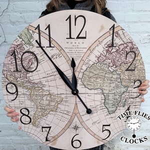 World Map Clock- Vintage Map Wall Clock - Etsy
