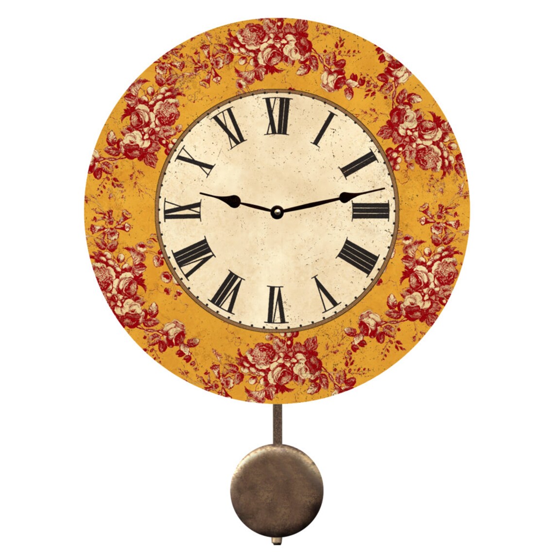 Floral Clock With Pendulum Mustard Yellow Clock - Etsy