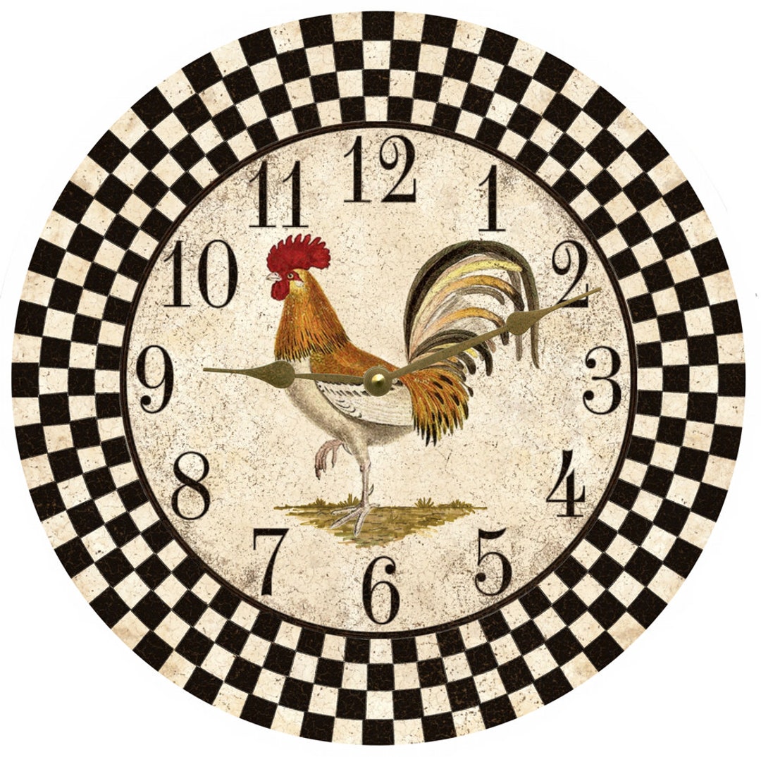 Rooster Wall Clock- Checkered Kitchen Clock- Black and White Clock - Etsy