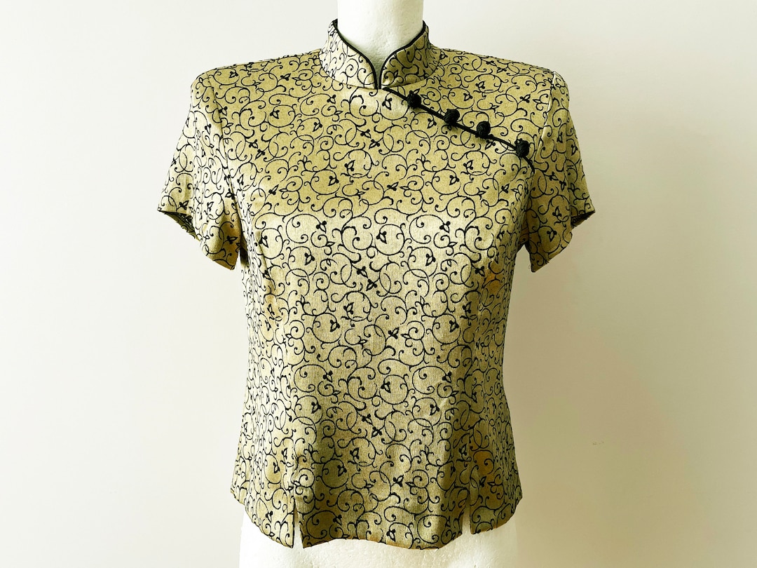 80s Cheongsam Blouse, Mandarin Collar Top, Golden Patterned Asian ...