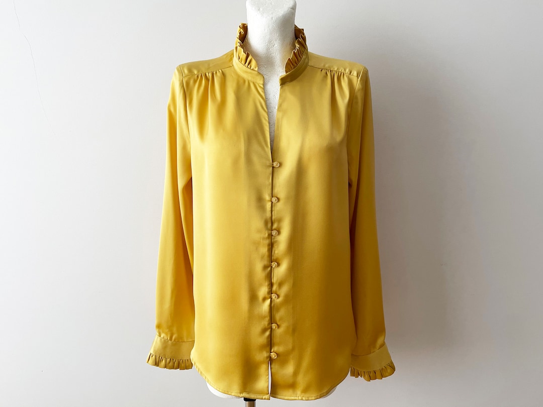 Mustard Yellow Blouse, Women's Silky Shirt, Button up Long Sleeve ...