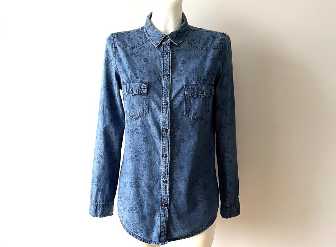 Women's Floral Denim Shirt, Blue Jean Chemise, Long Sleeve Snap Button ...