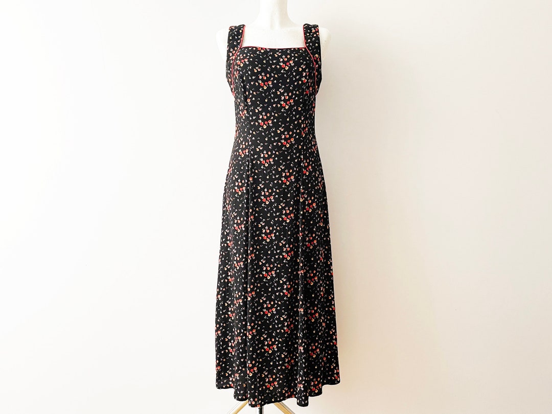 90s Viscose Summer Dress, Black Floral Print Sleeveless Gown, Ditsy ...