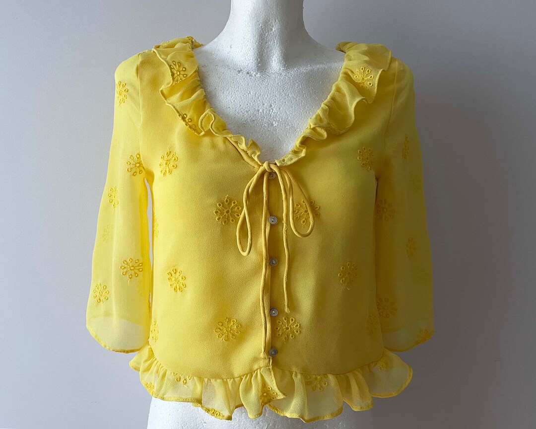 90s Yellow Ruffle Blouse, Cropped Women Top, Poly Chiffon Button up ...