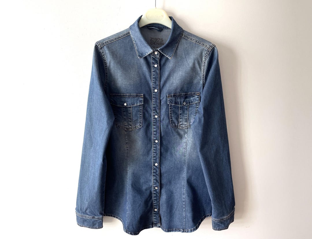 Women's Denim Shirt, Blue Jean Chemise, Long Sleeve Snap Button up ...
