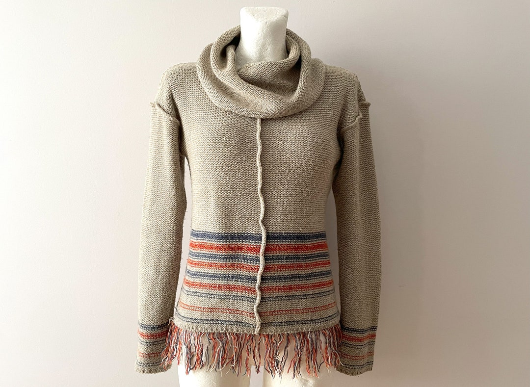 Boho Fringe Sweater, Beige Striped Knitted Women's Pullover With Large ...