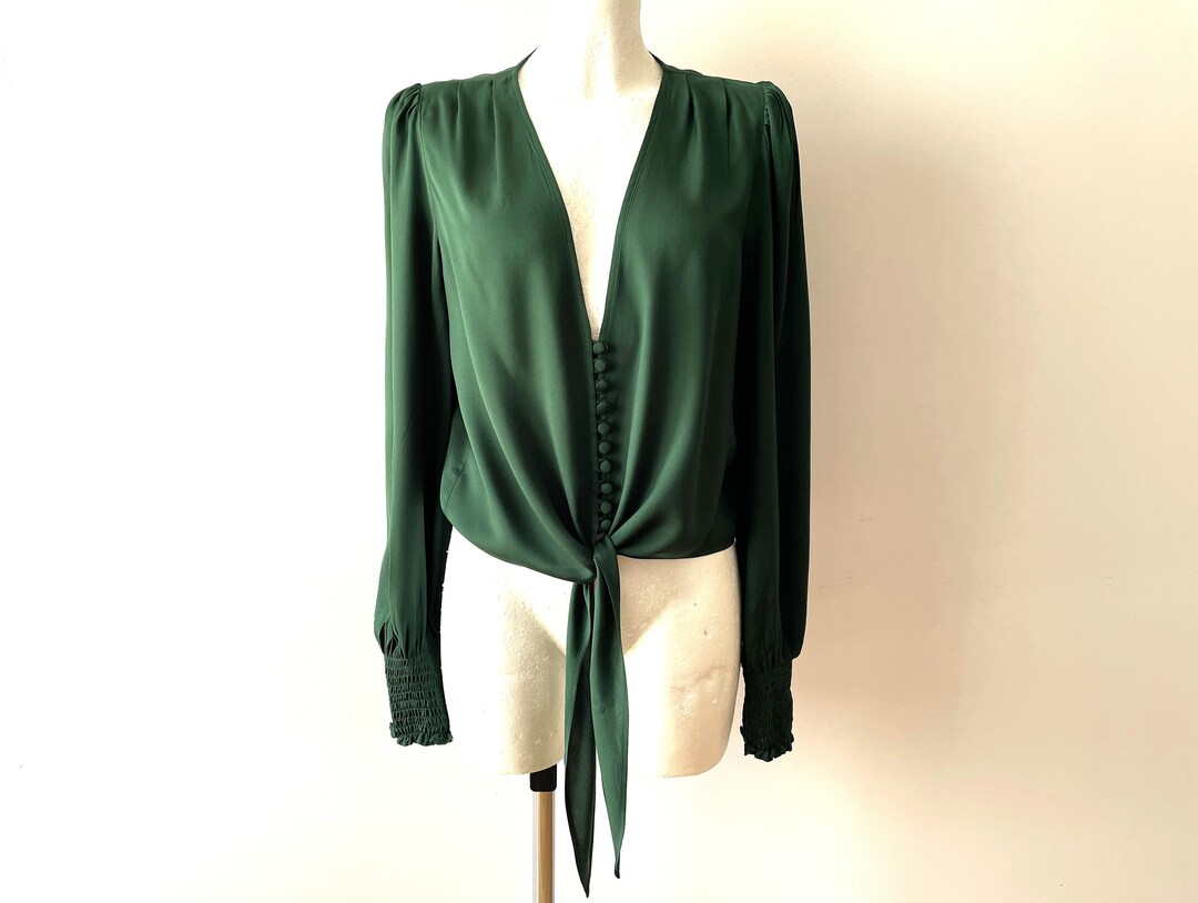 Green Crop Top, Midriff Tied Shirt, Long Sleeve Shirt, Emerald Green ...