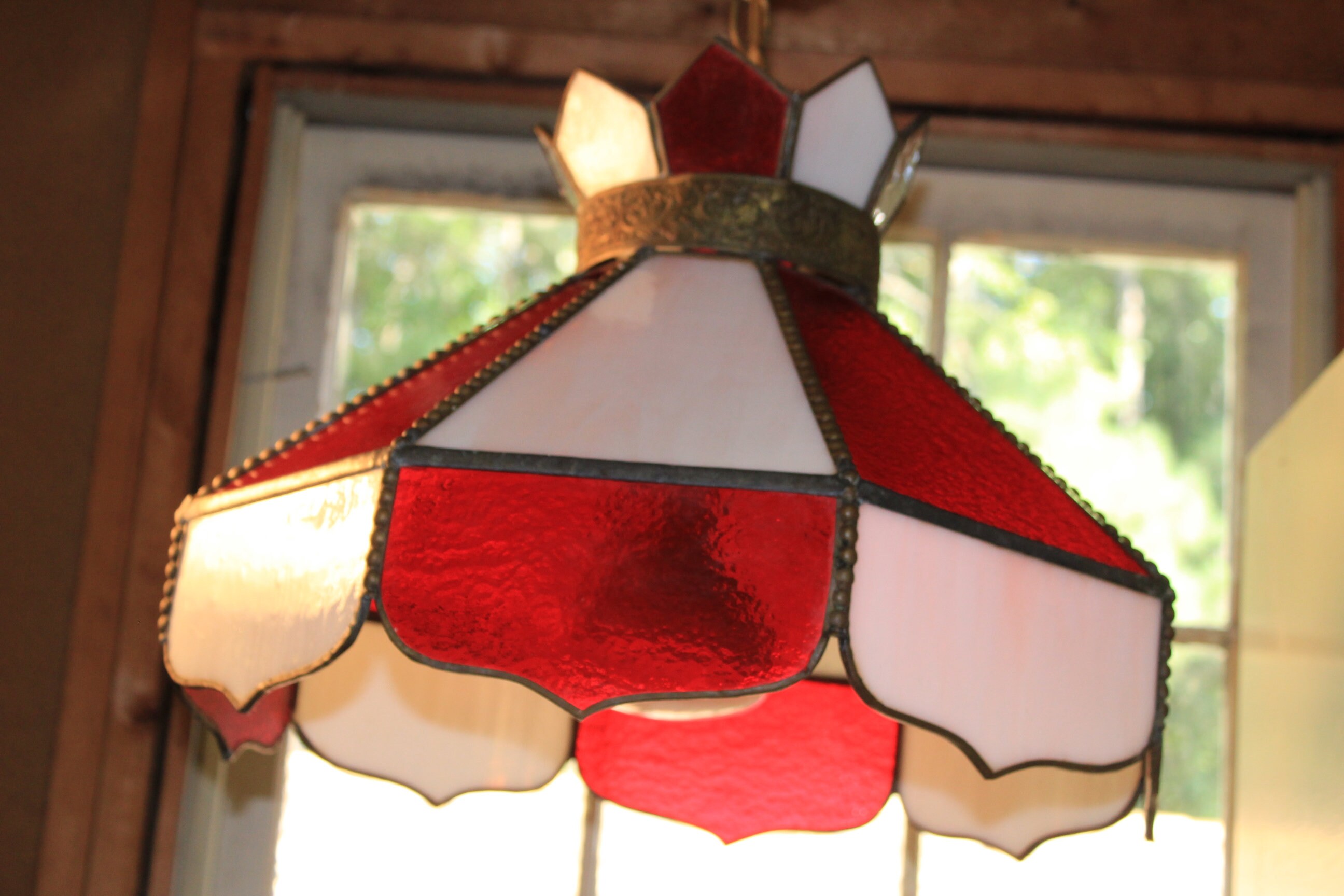 Stained Glass Hanging Lamp-mid Century Red/white - Etsy