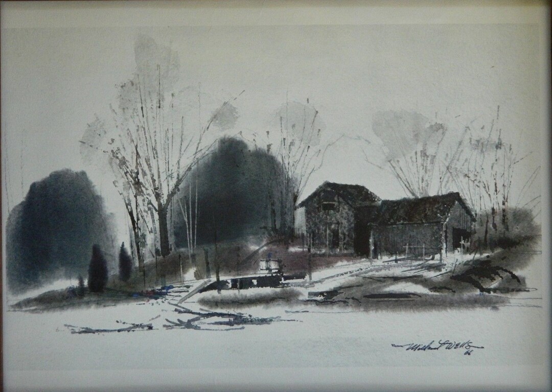 Watercolor Art: Millard Wells-barns and Bridge 1966 - Etsy