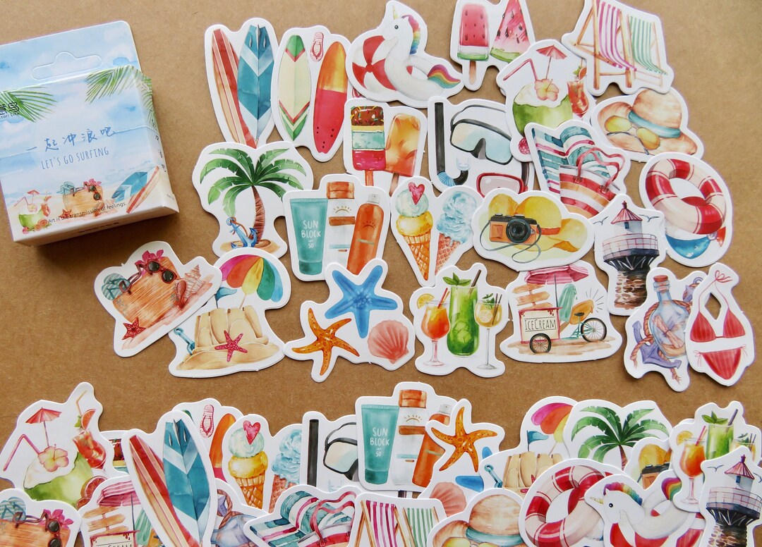 46 Summer Beach Vacation Watercolor Stickers, Surf Surfing Ocean ...