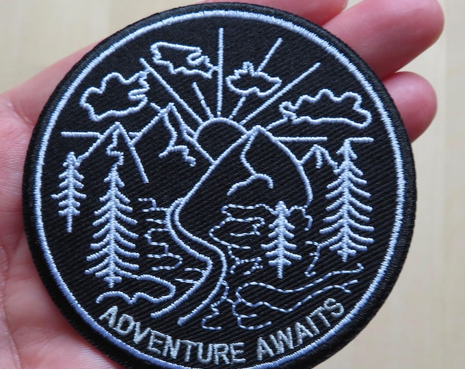 Adventure Awaits Travel Iron on Patch, Mountain Hiking Walking Badge ...
