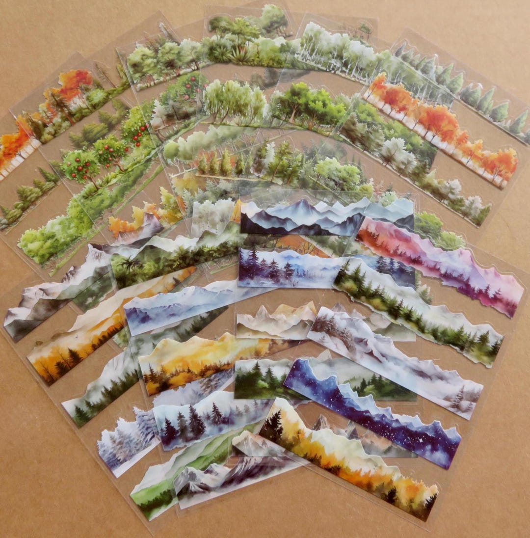 SET Watercolor Mountain & Tree PVC Sticker Sheets, Nature Scene Season ...