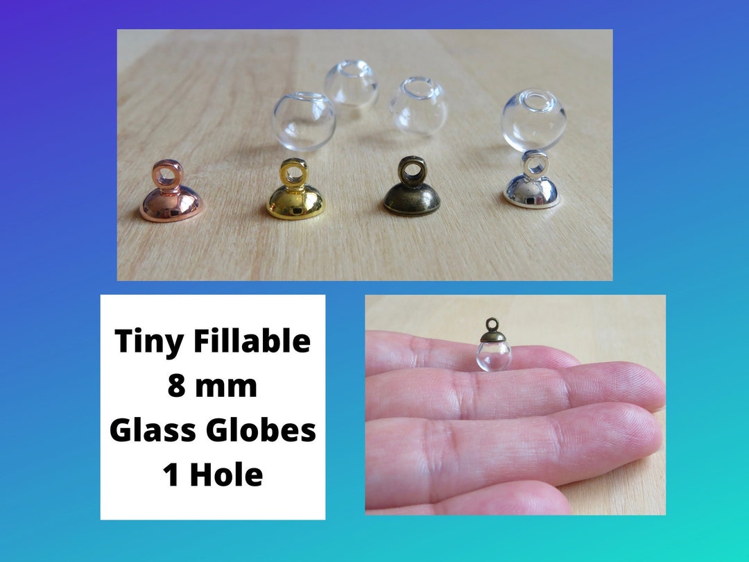 8 Mm Glass Globe Ball & Silver 6 Mm Loop Cap SET, Hollow Vial Pendants ...