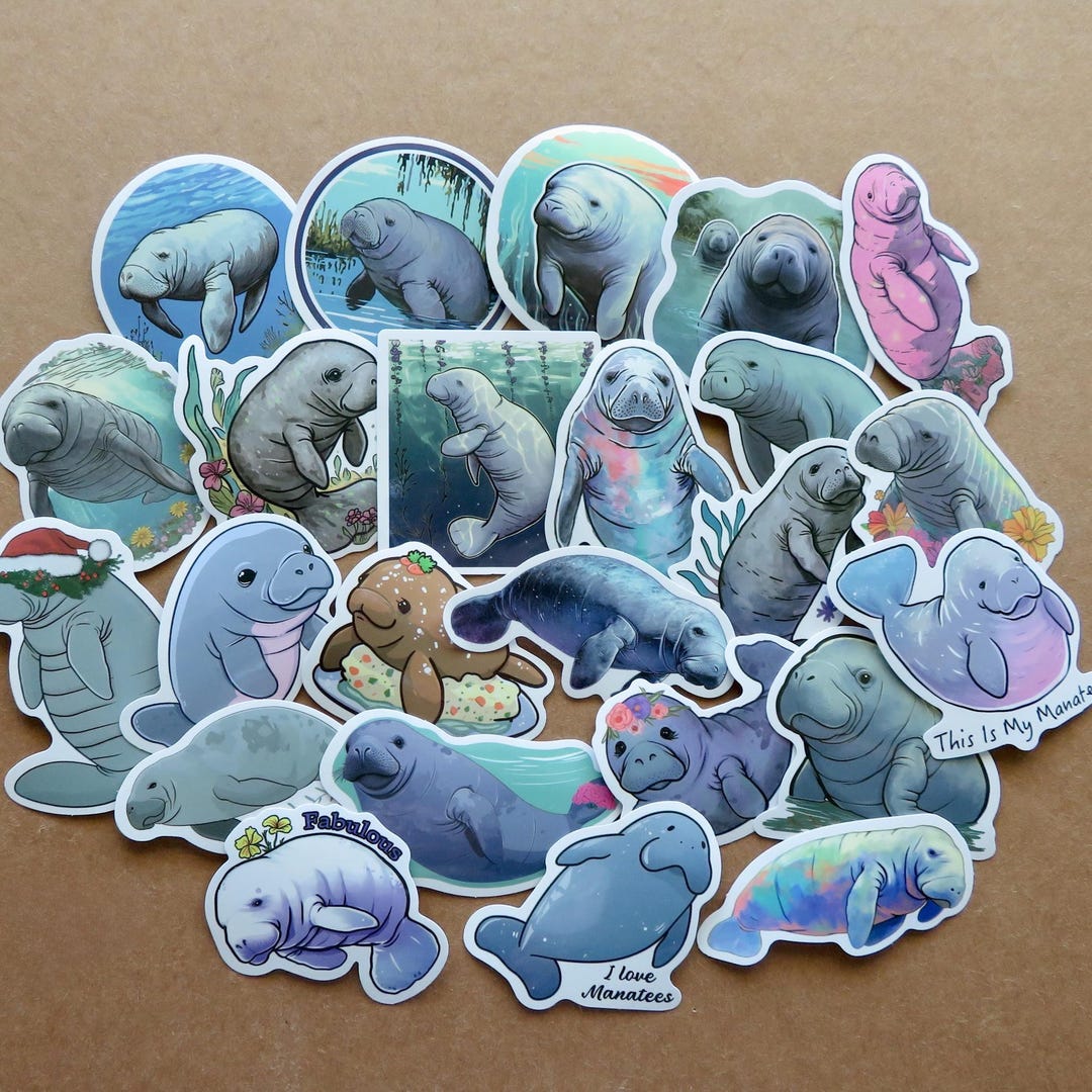 24 Manatee Animal Stickers Set, Aquatic Mammal Stickers, Funny Animal ...