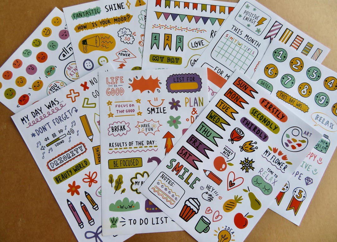 Set of Cute Positive Phrase Word & Doodle Stickers, Every Day Planner ...