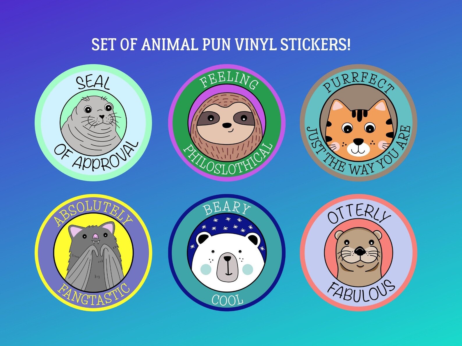Animal Puns Positive Message Illustrated Sticker SET, Funny Otter Seal ...