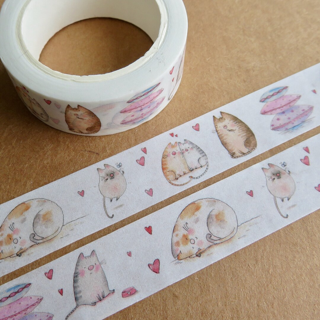 Cat Washi Tape, Illustrated Cartoon Cat and Hearts Paper Adhesive Tape ...