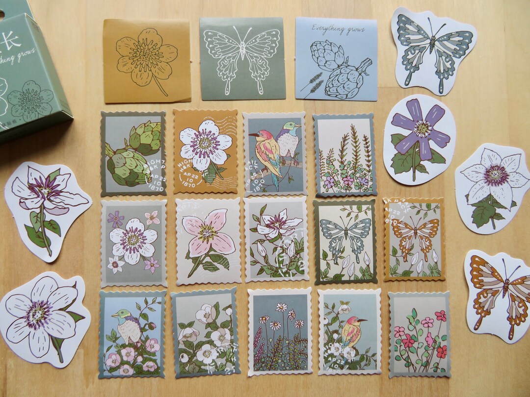 46 Botanical Flower Bird Butterfly Stickers, Nature Botany Stamp ...