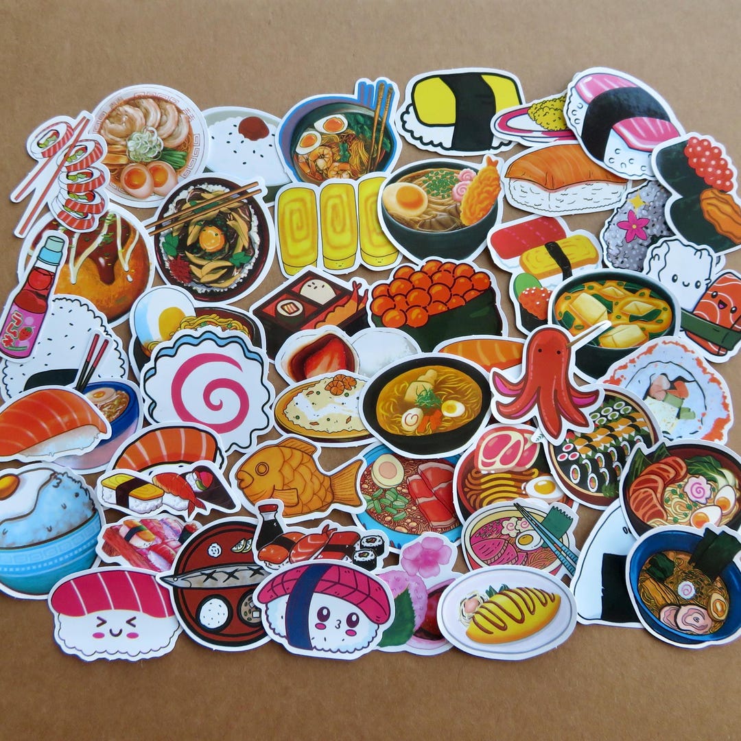 50 Large Asian Food Stickers, Asian Cuisine Stationery, Korean Chinese ...