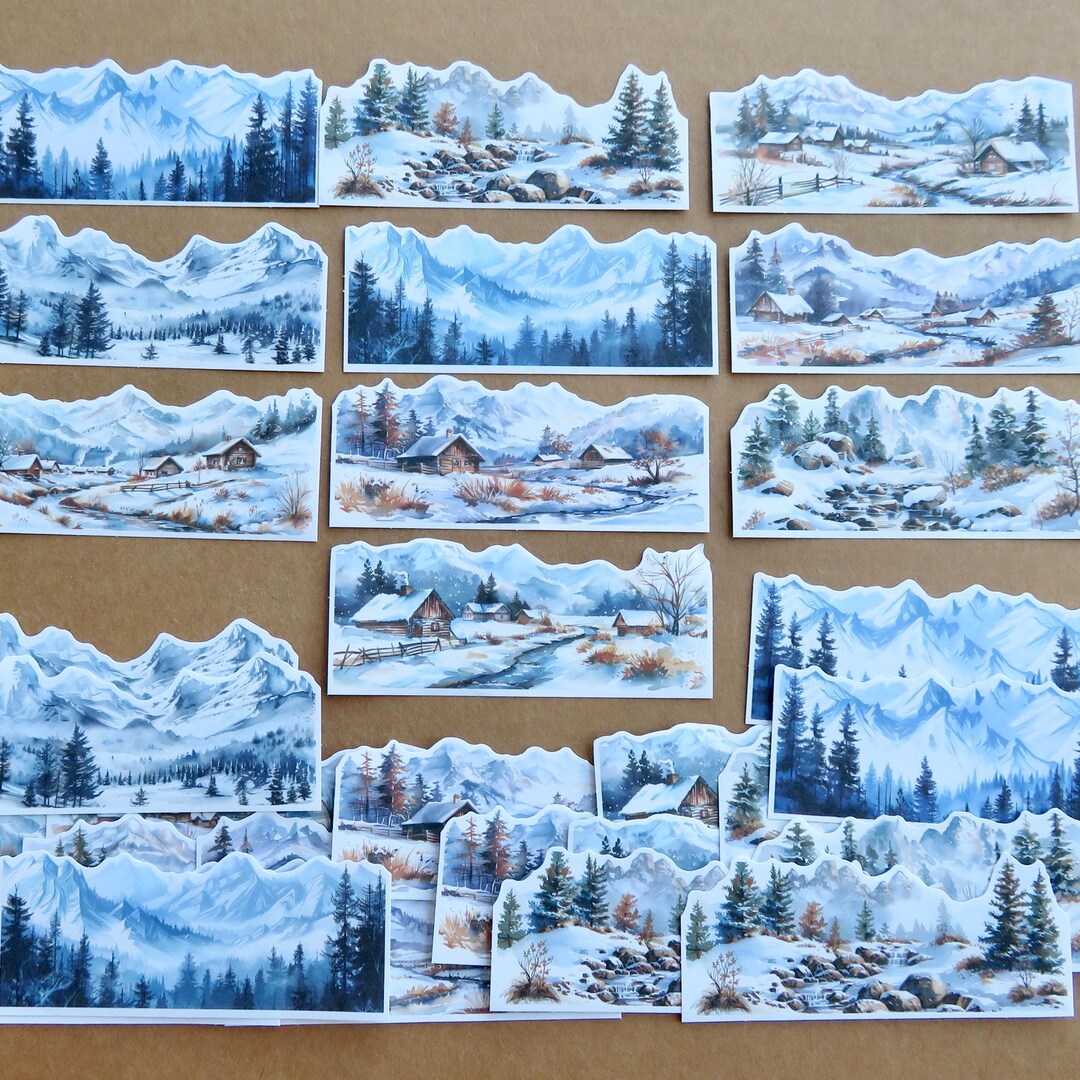 Watercolor Mountain Scenery Stickers, Winter Snow Nature Scene Stickers ...