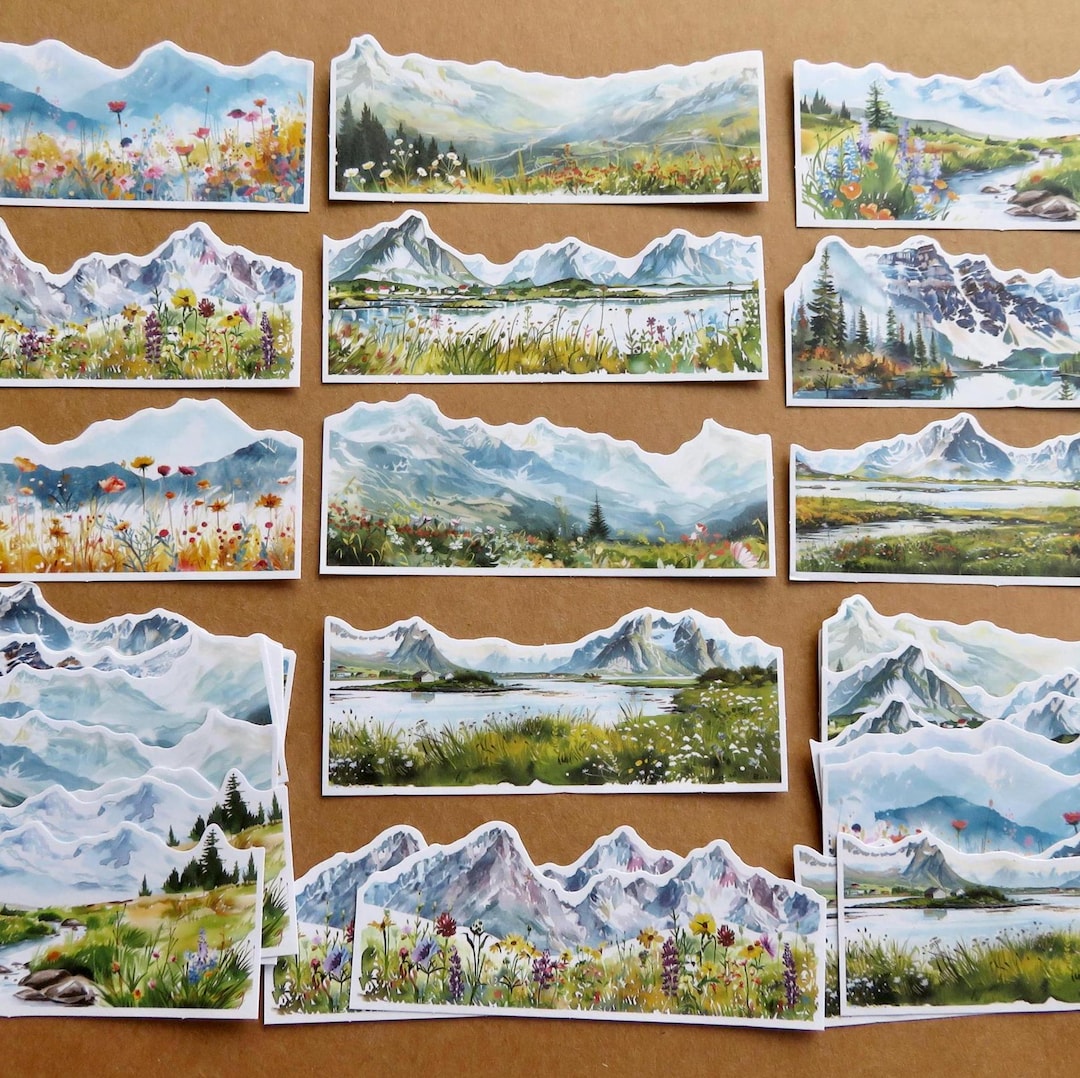 Watercolor Mountain Scenery Stickers, Spring Wildflower Field Nature ...