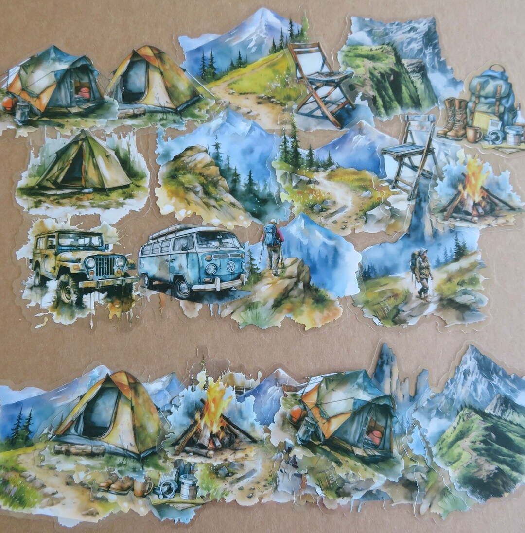 Mountain Camping Sticker Set, Mountain Scenery Travel Stickers, Hiking ...