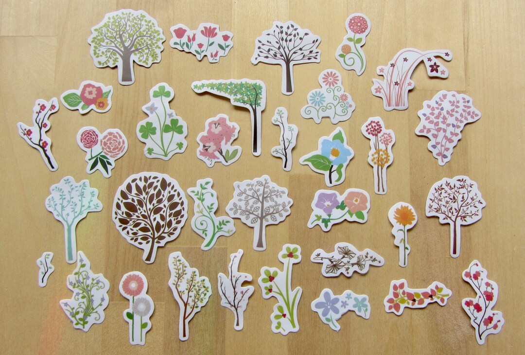 32 Botanical Flower Plant & Tree Stickers, Illustrated Nature Garden ...