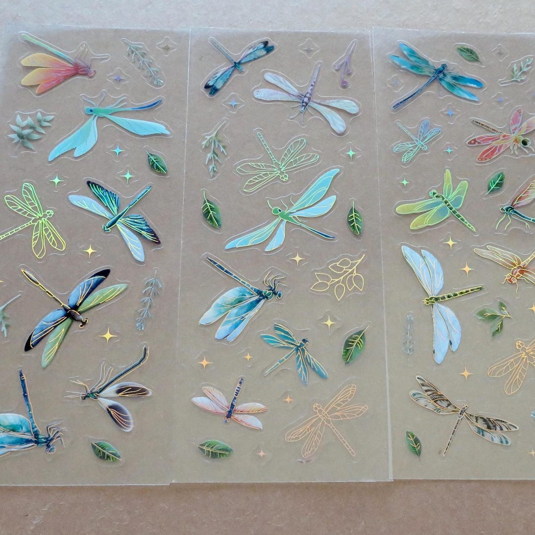 SET Dragonfly Insect & Leaf Stickers, Dragonfly Theme Gold Foil ...