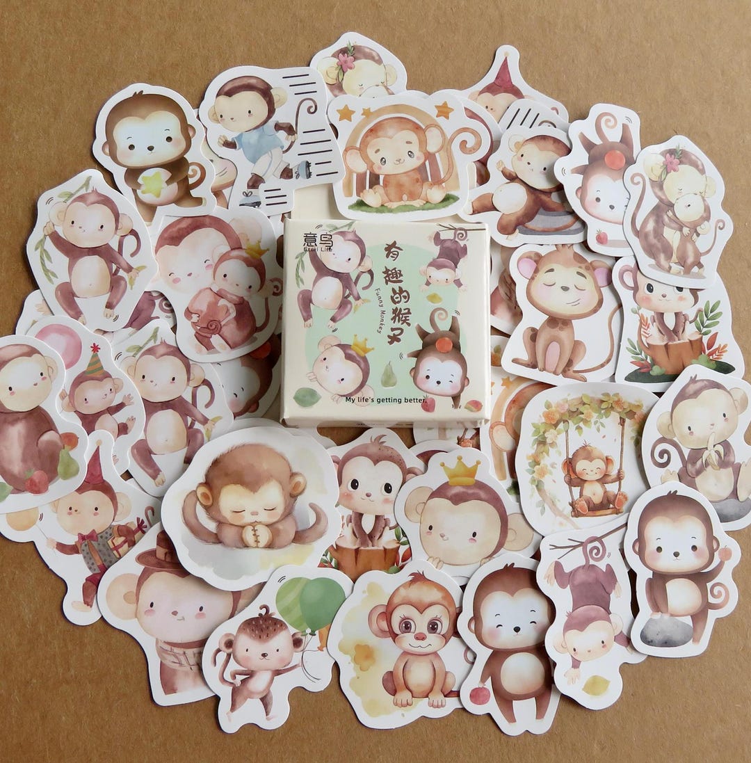 46 Cartoon Monkey Stickers, Jungle Animal Theme Stickers, Funny Monkey ...