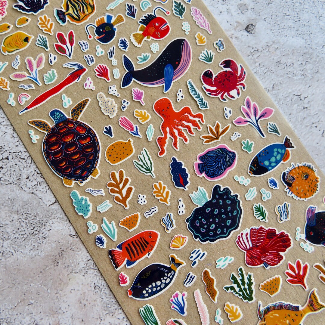 Tiny Ocean Marine Animal Fish Planner Stickers, Turtle Whale Coral Reef ...