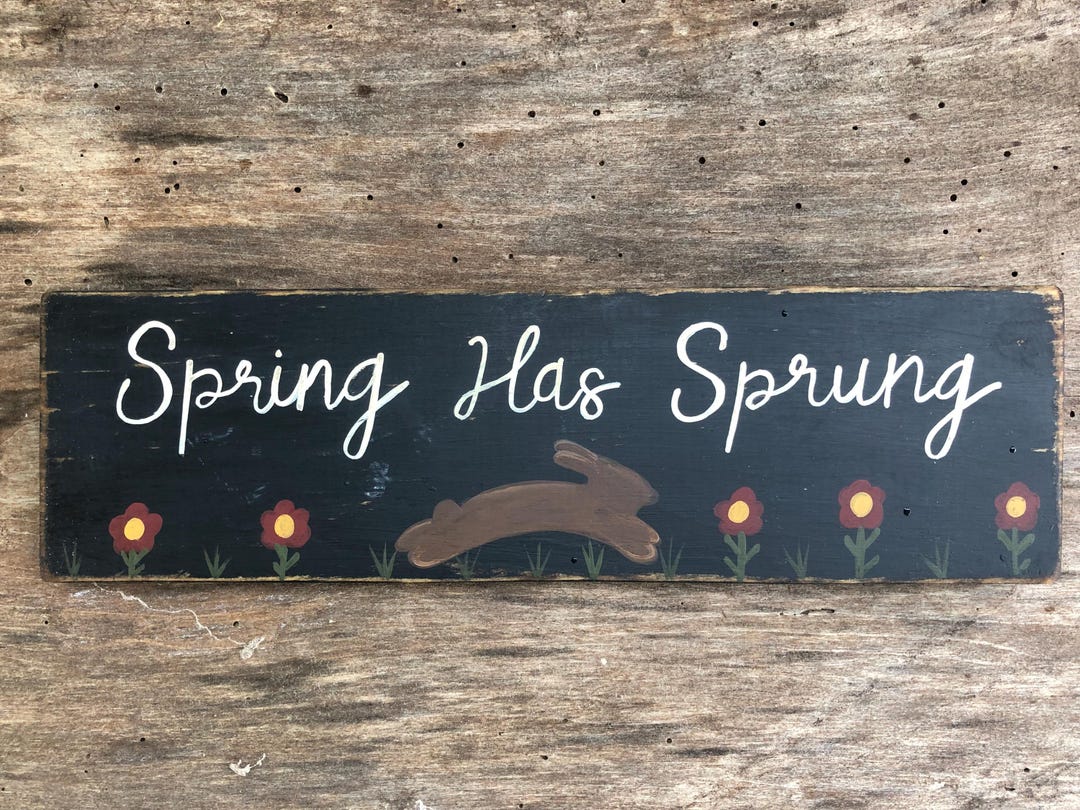 Spring Has Sprung Wood Sign | Hand-painted Bunny & Flowers | Primitive ...